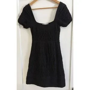 Zara | Dresses | Zara Black Crochet Knit Mini Dress M Square Neck Puff ...
